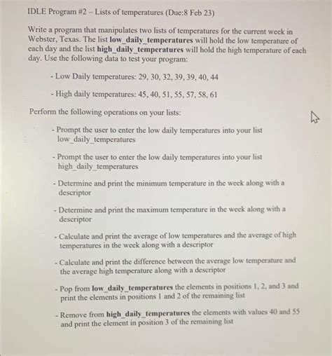 solved dle program 2 lists of temperatures due 8 feb