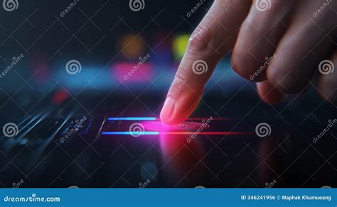 Close Up Of Fingertip Interacting With Glowing Fingerprint On Circuit Board Representing