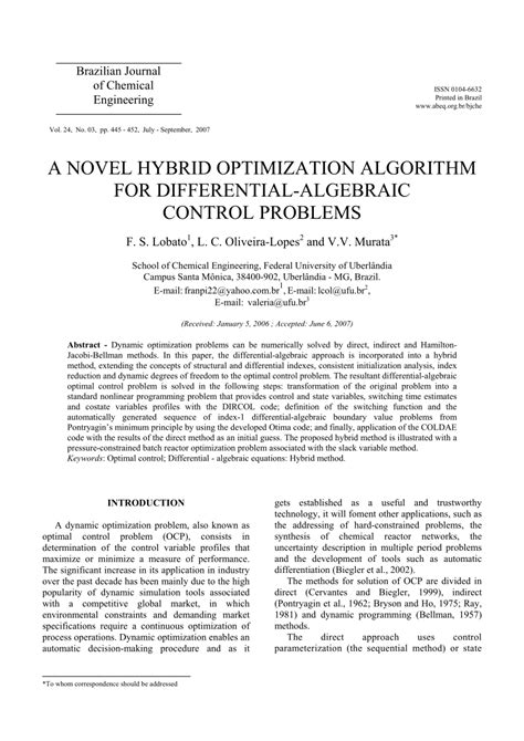 Pdf A Novel Hybrid Optimization Algorithm For Diferential Algebraic Control Problems
