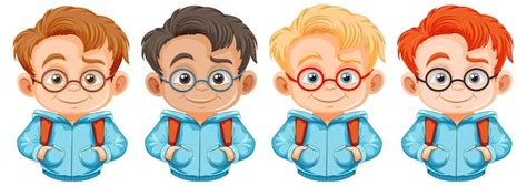 못 난 소년 만화 캐릭터의 집합 프리미엄 벡터