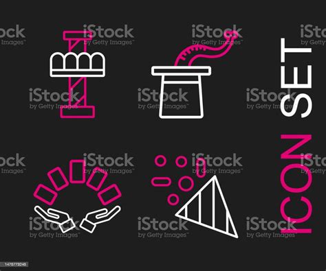 세트 라인 축제 색종이 손 들고 카드 놀이 마술사 모자 및 어트랙션 회전 목마 아이콘 벡터 가능성에 대한 스톡 벡터 아트 및