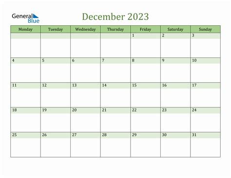 Fillable December 2023 Calendar Monday Start