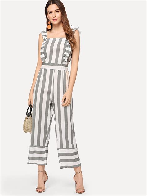 Ruffle Trim Striped Jumpsuit Check Out This Ruffle Trim Striped