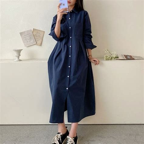 스타 원피스카라넥원피스셔츠형원피스롱기장단추면100원단카라원피스롱셔츠원피스롱남방크림색네이비곤색롱원피스