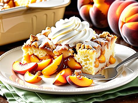 Delicious Peach Dessert Slice With Whipped Cream And Fresh Peach Slices