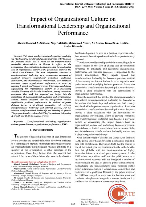 Pdf Impact Of Organizational Culture On Transformational Leadership And Organizational Performance