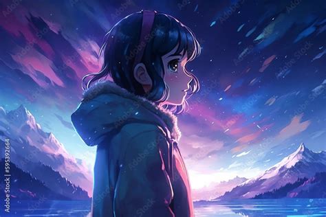 Anime Girl In Side Profile At Night Created With Generative Ai