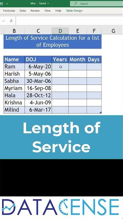 Calculate Length Of Service Datedif Function In Excel Youtube