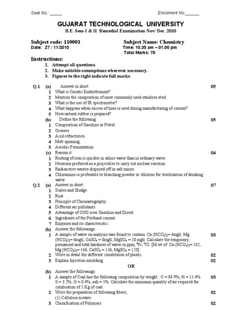 Gtu Be Sem I And Ii Remedial Exam Nov 2010 Chemistry Pdf Cement Carbon