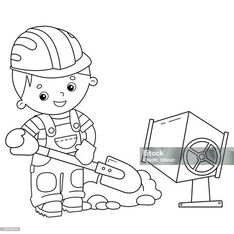삽과 콘크리트 믹서와 만화 빌더의 색칠 페이지 개요 직업 아이들을위한 색칠 공부 책 건설 산업에 대한 스톡 벡터 아트 및 기타 이미지 건설 산업 건축하기 공사장 인부