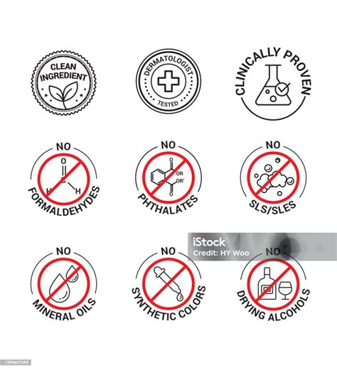 화장품 뷰티 제품 벡터 아이콘 세트 배지 편집 가능한 라인 아트 스타일 일러스트레이션 유기농 깨끗한 자연 알코올 프리 미네랄 오일 Sls Sles 합성 색소 임상 입증 없음