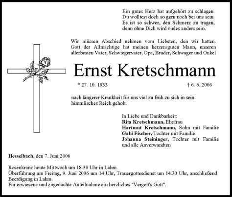 Ernst Kretschmann Traueranzeige Franken De
