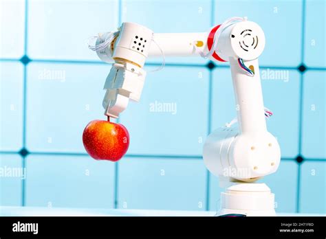 Robot Arm With Red Apple Robot Hand Is Holding A Red Apple Modern Technology Robotics Concept