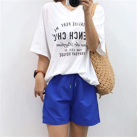 미씨룩 여성 시크 브이넥 레터링 루즈핏 흰색 면티 반팔 티 티셔츠