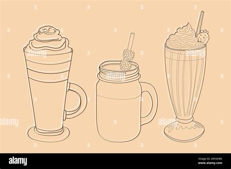 The Line Drawing Depicts Three Distinct Types Of Beverages Each With