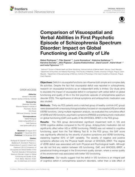 Pdf Comparison Of Visuospatial And Verbal Abilities In First Psychotic Episode Of