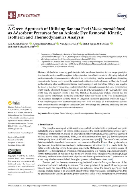 Pdf A Green Approach Of Utilising Banana Peel Musa Paradisiaca As Adsorbent Precursor For An