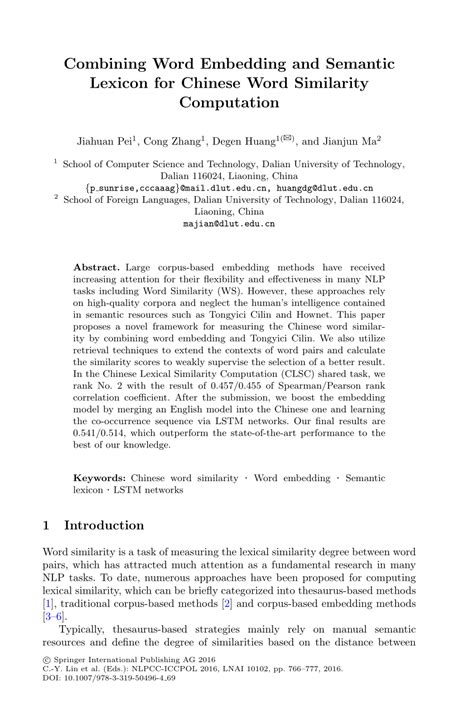Pdf Combining Word Embedding And Semantic Lexicon For Chinese Word Similarity Computation