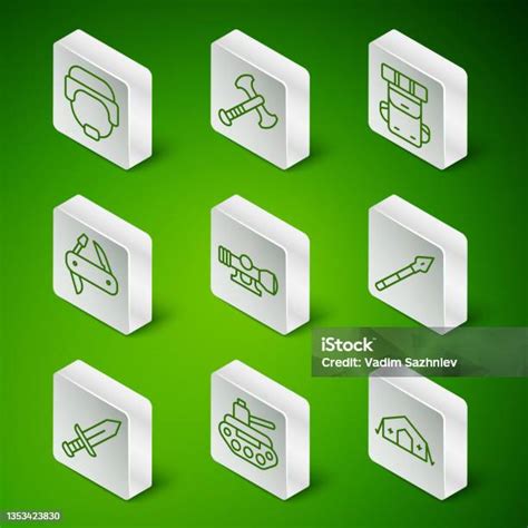 세트 라인 군사 의료 텐트 탱크 헬멧 스나이퍼 광학 광경 스위스 군대 칼 전쟁 도끼 칼과 중세 창 아이콘 벡터 3차원 형태에 대한 스톡 벡터 아트 및 기타 이미지 Istock