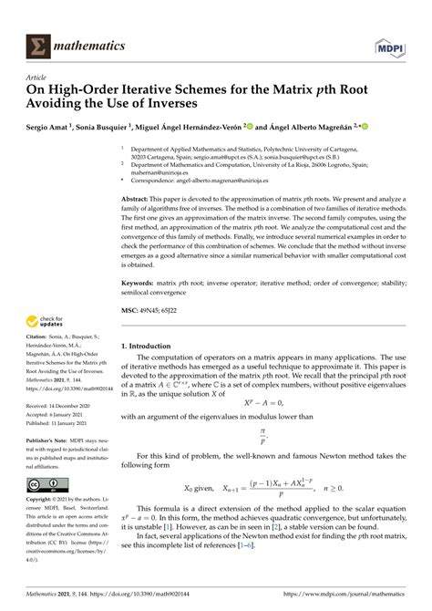 Pdf On High Order Iterative Schemes For The Matrix Pth Root Avoiding
