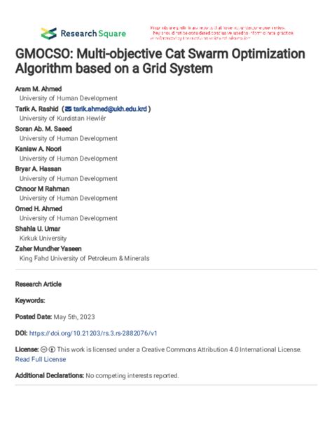 Pdf Gmocso Multi Objective Cat Swarm Optimization Algorithm Based On A Grid System