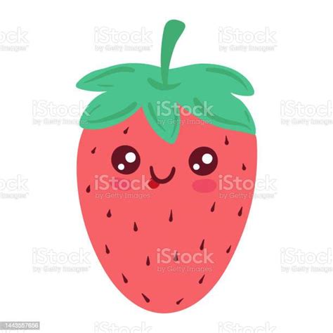 신선한 딸기 밝은 재미 가와이 만화 스타일 건강에 좋은 음식 디자인 평면 벡터 일러스트 흰색에 고립 귀여운에 대한 스톡 벡터