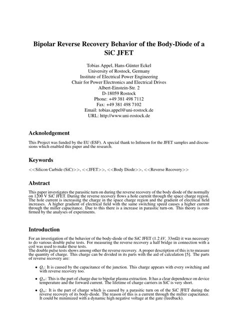 Pdf Bipolar Reverse Recovery Behavior Of The Body Diode Of A Sic Jfet