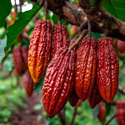Fresh Yellow Cocoa Pods Grow On Tree Group Of Red Cocoa Pods Hanging