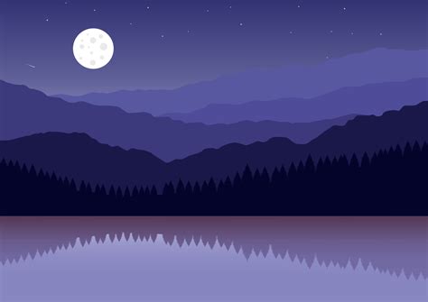Night Landscape With Mountains Lake Forest And Full Moon Vector