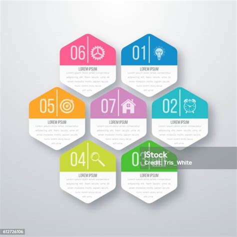 벡터 일러스트레이션 인포그래픽 7 Hexagons 0명에 대한 스톡 벡터 아트 및 기타 이미지 0명 3차원 형태 그래프 Istock