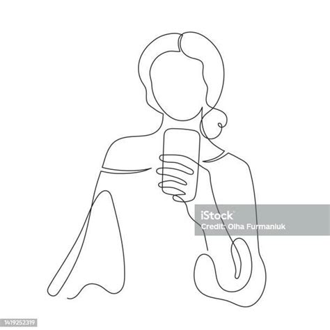 스마트 폰 한 줄 아트 손으로 그린 그림 양식화 된 연속 윤곽선을 가진 소녀 젊은 여성은 이야기를 위해 셀카 사진을 찍고 화상 통화에 전화를 사용합니다 낙서 스케치 스타일