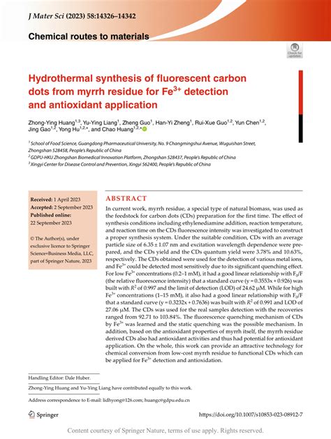 Hydrothermal Synthesis Of Fluorescent Carbon Dots From Myrrh Residue For Fe Detection And