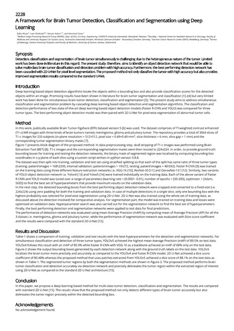 Pdf A Framework For Brain Tumor Detection Classification And Segmentation Using Deep Learning