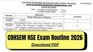 Cohsem 11th Exam Routine 2026 Download Manipur Board Class 11 Time Table Pdf