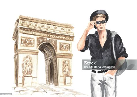 파리와 관광객의 개선문 프랑스 여행 카드 개념에 오신 것을 환영합니다 흰색 배경에 격리된 손으로 그린 수채화 그림 개선문에 대한 스톡 벡터 아트 및 기타 이미지 Istock