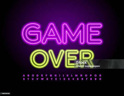 벡터 다채로운 엠블럼 게임 오버 네온 알파벳 문자와 숫자 세트 Brand Name Video Game에 대한 스톡 벡터 아트 및 기타 이미지 Brand Name