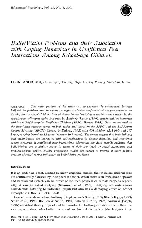 Pdf Bullyvictim Problems And Their Association With Coping Behaviour In Conflictual Peer