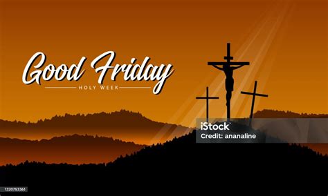 언덕과 노란색 일몰 벡터 디자인에 십자가에 예수 성금요일 거룩한 주 배너 성 금요일에 대한 스톡 벡터 아트 및 기타 이미지