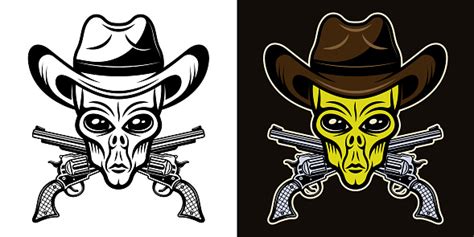 카우보이 모자에 외계인 머리와 어두운 배경에 흰색과 화려한에 흰색과 다채로운 두 가지 스타일의 권총 벡터 일러스트를 교차 과학에 대한 스톡 벡터 아트 및 기타 이미지