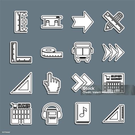 세트 라인 삼각형 눈금자 슈퍼마켓 건물 화살표 줄자 접기 높이와 길이 측정 및 버스 아이콘 벡터 개념에 대한 스톡 벡터 아트 및