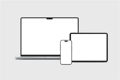 배경에 격리된 빈 화면이 있는 3d 노트북 태블릿 및 스마트폰 디지털 장치 모형 Ui Ux 앱 광고 및 웹 사이트 프리젠