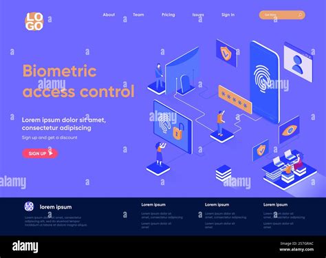 Biometric Access Control Isometric Landing Page Design Fingerprint Scan Provides Security
