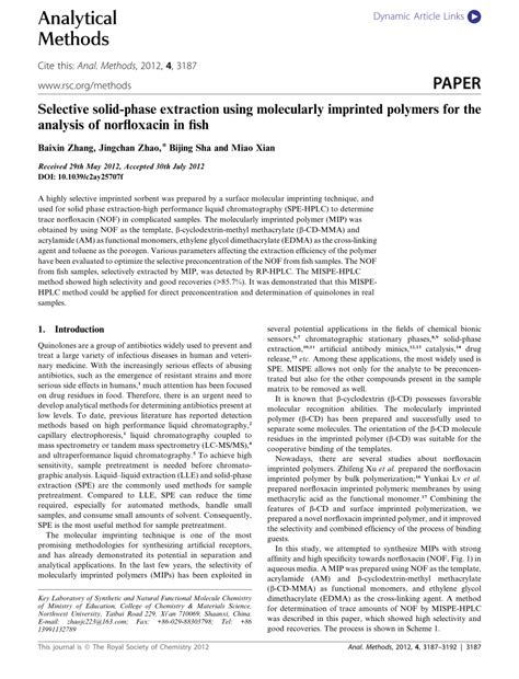 Pdf Selective Solid Phase Extraction Using Molecularly Imprinted Polymers For The Analysis Of