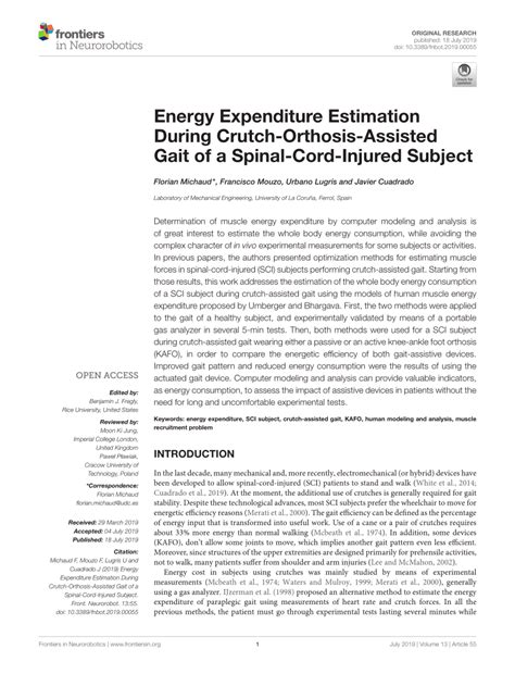 Pdf Energy Expenditure Estimation During Crutch Orthosis Assisted Gait Of A Spinal Cord