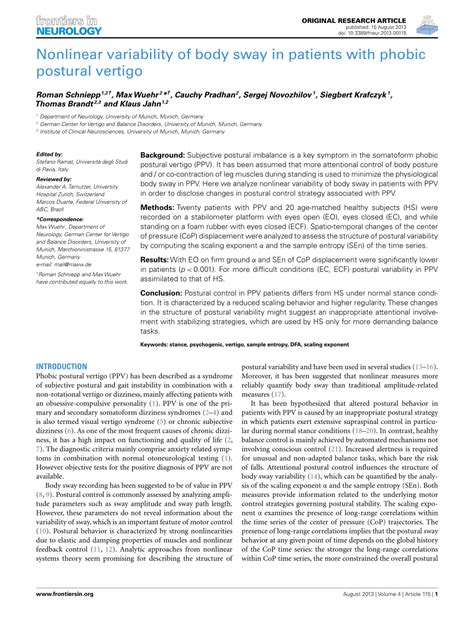 Pdf Nonlinear Variability Of Body Sway In Patients With Phobic