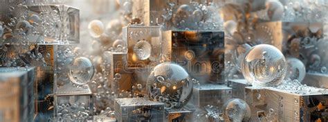 A Room Of Translucent Glass And Light Where Spheres And Cubes Intertwine Stock Illustration