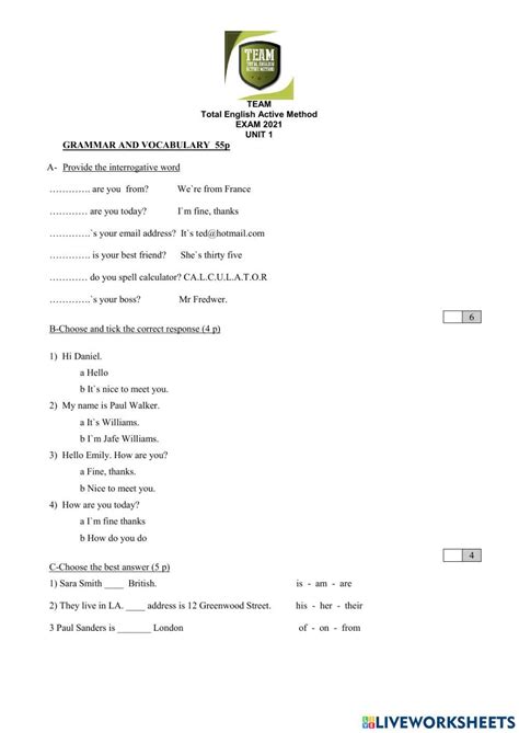 Exam Unit 1 Level 1 Online Exercise For Live Worksheets