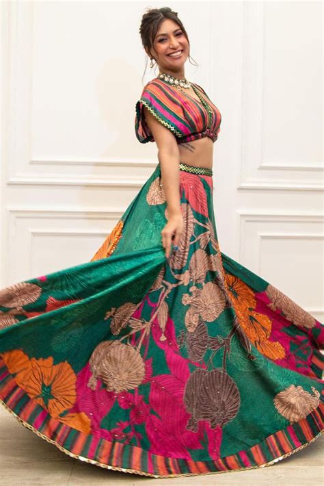 Bottle Green Gaji Satin Printed And Embellished Wedding Lehenga Set By