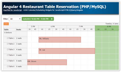Angular Restaurant Table Reservation Php Mysql Daypilot Code