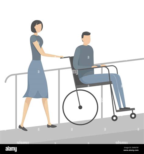 Helpmate Pushing Wheelchair With Person With Disability On Ramp Vector